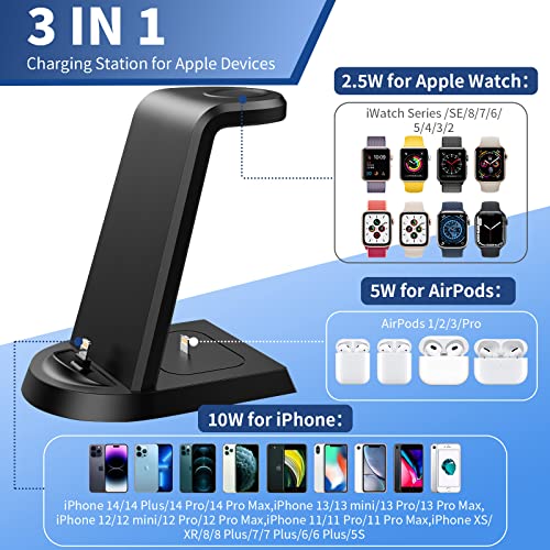 3 in 1 Charging Station for Multiple Devices, Fast Charging Dock for iPhone 14 13 12 11 Pro Max XS XR 8 Plus & AirPods, Built-in Charger Stand for Apple Watch 8 7 6 SE 5 4 3 2(with Adapter)