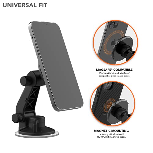 Rokform - Adjustable Magnetic Windshield Phone Mount, Compatible with All Cases and MagSafe Phones and Cases, Secured by Strong Suction Cup Base, 210° of Tilt and 360° of Rotation (Black)