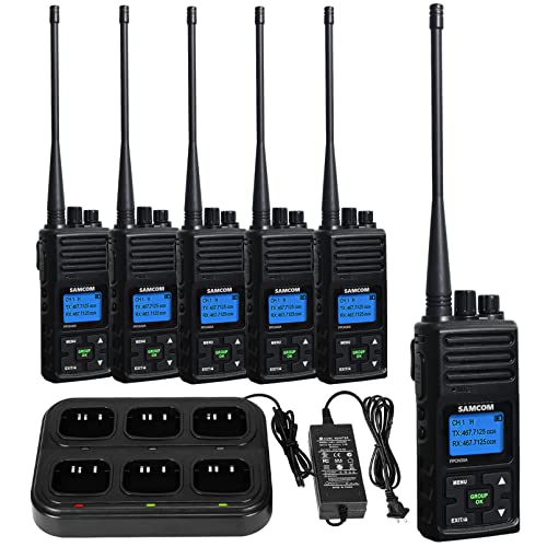 Samcom 2 Way Radio Rechargeable 5w Long Range Two Way Rasio for Adults 1500mAh Programmable Walkie Talkie Heavy Duty with 6 Way Multi-Unit Charger Gang