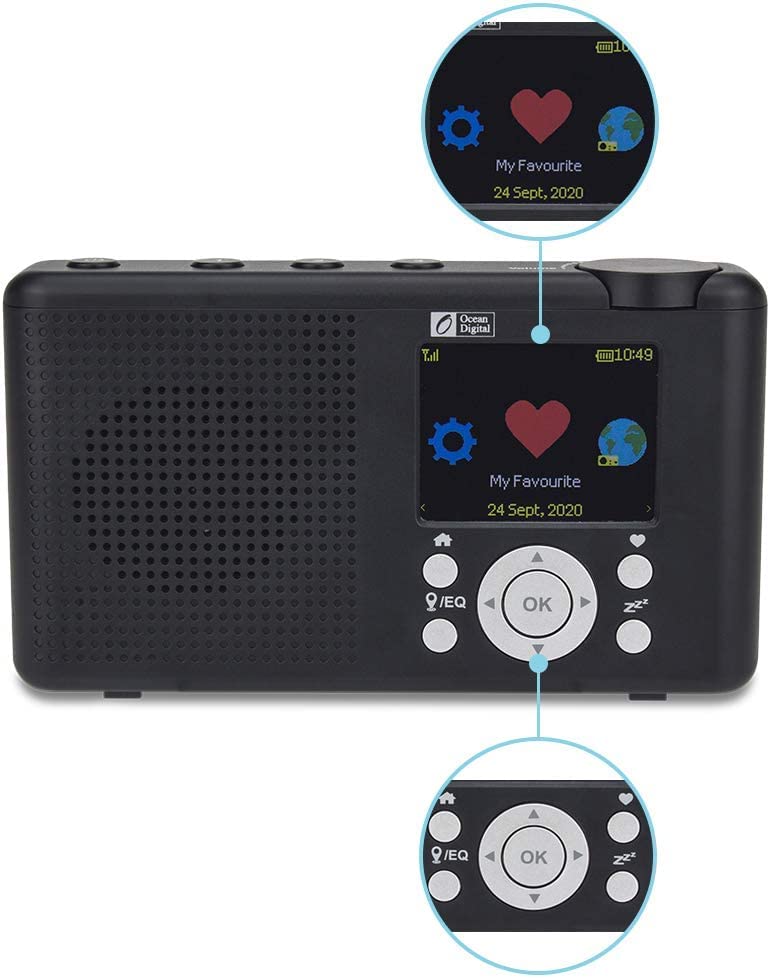 Ocean Digital WR-23F Portable FM Internet Radio 2.4” Color LCD Built-in Battery Wi-Fi Bluetooth (Black)