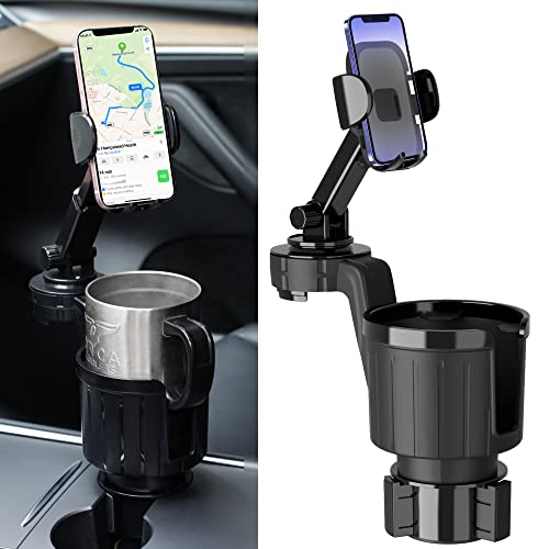 Upgraded 2 in 1 Car Cup Holder Phone Mount with Offset Adjustable Base, 360° Rotation Universal Compatible with iPhone Samsung Cell Phones and Yeti, Hydro Flasks, Other Large Bottles Mugs in 3.4"-4.0"