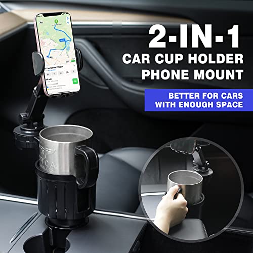 Upgraded 2 in 1 Car Cup Holder Phone Mount with Offset Adjustable Base, 360° Rotation Universal Compatible with iPhone Samsung Cell Phones and Yeti, Hydro Flasks, Other Large Bottles Mugs in 3.4"-4.0"