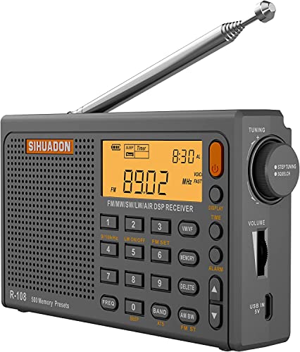 SIHUADON R108 Shortwave AM FM Radio LW MW AIR Band DSP Full Band Portable Radio Battery Operated with Sleep Timer Alarm Clock 500 Memories preset Stations for Family by RADIWOW (Grey)