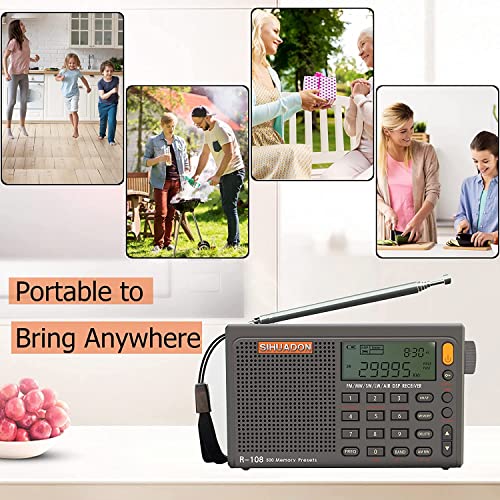 SIHUADON R108 Shortwave AM FM Radio LW MW AIR Band DSP Full Band Portable Radio Battery Operated with Sleep Timer Alarm Clock 500 Memories preset Stations for Family by RADIWOW (Grey)