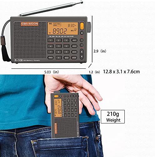 SIHUADON R108 Shortwave AM FM Radio LW MW AIR Band DSP Full Band Portable Radio Battery Operated with Sleep Timer Alarm Clock 500 Memories preset Stations for Family by RADIWOW (Grey)