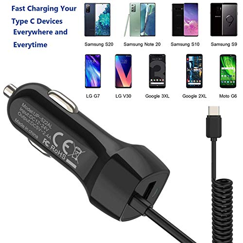 2Pack 2.4A Fast Charging USB C Car Charger Adapter with 3ft Type C Coiled Cable for Samsung Galaxy S20 FE S20 Plus Ultra S10 Lite S10e S9 S8+ A01 A10E A11 A20 A21 A30S A50 A51 5G A71, LG Stylo 6 5 4