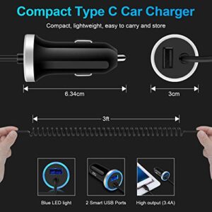 Fast Car Charger USB C for Samsung Galaxy S23 S23+ S23 Ultra A54 A14 A53 A13 A03S A02S A12 A32 A42 A52 S22 Ultra S21 FE S20 S10 S9 S8 Note 20 Z Flip 4 3,3.4A Android Car Adapter with 3ft Type C Cable