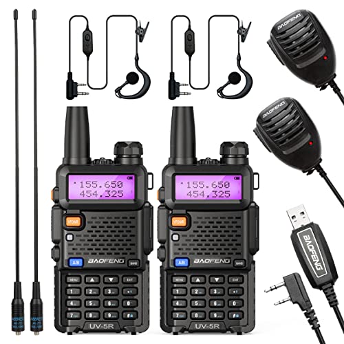 Baofeng UV-5R Ham Radio Handheld Rechargeable Two Way Radios Long Range Portable Radio with Extra AR-771 Antenna Speaker Microphone Programming Cable，2pack