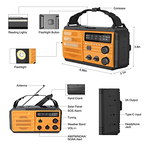 8000mAh Emergency Weather Radio, Solar Hand Crank Emergency Radio, AM/FM/NOAA Alert Weather Radio Power Bank, with SOS Alarm, Flashlight, Reading Lamp, Type-c Charging.