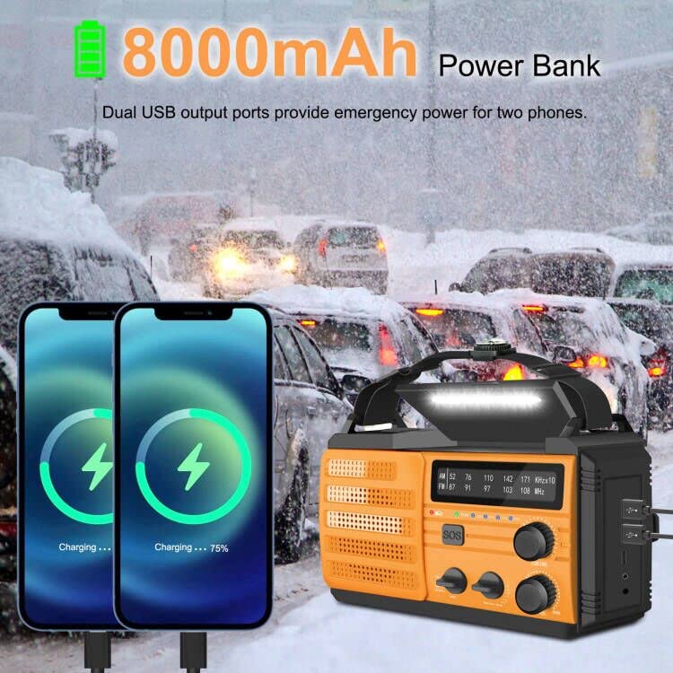 8000mAh Emergency Weather Radio, Solar Hand Crank Emergency Radio, AM/FM/NOAA Alert Weather Radio Power Bank, with SOS Alarm, Flashlight, Reading Lamp, Type-c Charging.