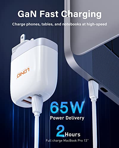 LDNIO 65W GaN USB C Charger 3-Port, PPS Compact Fast Charger with PD & QC3.0, Removable Wall Charger Power Adapter for MacBook Pro Air, iPad Pro Air, iPhone 14/13/12, Galaxy, Dell XPS Laptop etc