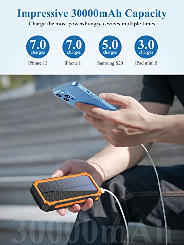 Ffnpua Solar Power Bank, Portable Charger 30000mAh PD 18W QC3.0 Fast Charging with USB Type C 4 Outputs Dual Inputs, Battery Pack with IP55 Waterproof Bright Flashlight for iPhone Android Cell Phones