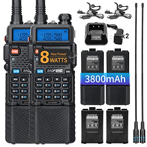 BaoFeng Radio UV-5R 8W Handheld Two Way Radio VHF/UHF Ham Radios Portable Walkie Talkie with Extra AR-771 High Gain Antenna and 1800mAh&3800mAh Extended Battery and Headsets (2Pack)