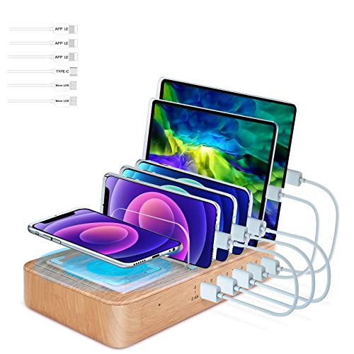 OTESS Fastest Charging Station for Multiple Devices, 5 USB Ports with 1 Qi Charging Pad, 6 Mixed Cable Included, for Apple/AirPods/iPad/Samsung/Android/Tablet