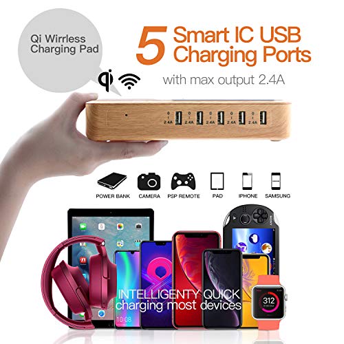 OTESS Fastest Charging Station for Multiple Devices, 5 USB Ports with 1 Qi Charging Pad, 6 Mixed Cable Included, for Apple/AirPods/iPad/Samsung/Android/Tablet