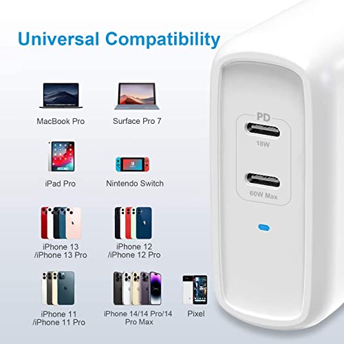 USB C Wall Charger PowerLot 68W 2-Port GaN PD 3.0 USB C Charger, 60W USB C Power Adapter for MacBook Pro, 18w Fast Charger for iPhone 14 pro max,iPhone13 Pro Max,iPhone 12 Pro Max,iPad,iWatch,iPods