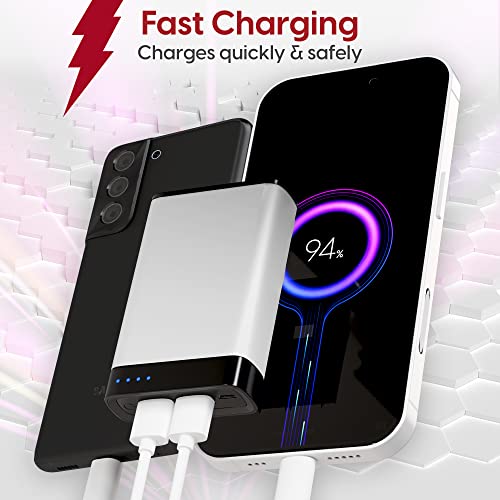 TALK WORKS Portable Charger Power Bank Compatible w/ iPhone 13/Pro/Pro Max, 14/Plus/Pro/Pro Max, 12, 11, XR, XS, X, 8, 7, 6, SE, iPad, Android, Samsung - External Cell Phone Backup Supply (Silver)