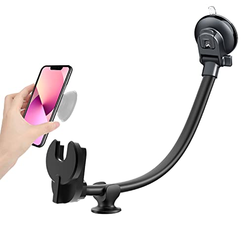 2 in 1 Vent and Windshield Car Phone Mount for Collapsible Grip/Socket Mount User,Dashboard Phone Holder with Strong Suction Cup,13-Inches Long Arm Gooseneck Cell Phone Cradle for Swappable Grip Stand