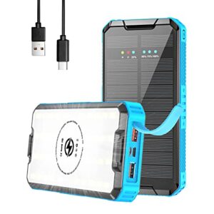 solar charger power bank 30000mah, pd 20w solar phone charger qc3.0 fast charging, 10w wireless charging, led flashlight waterproof, outdoor solar powerbank portable charger for iphone android