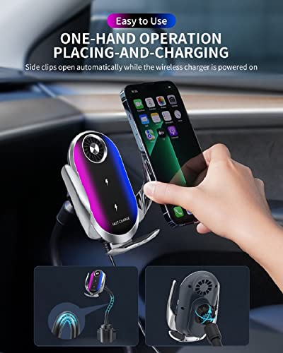 MAKAQI Wireless Car Charger, Cooling Fan Cup Holder Phone Mount Wireless Charger for Tesla, Smart Sensor Clamping Car Charger Mount for iPhone 14 13 12 Pro Max 11 10 8, Samsung Galaxy S23 S22 Flip4 3