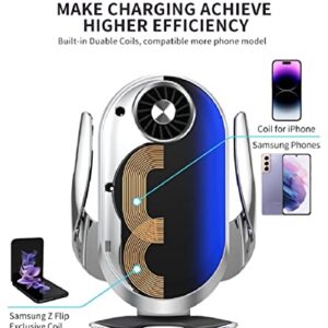 MAKAQI Wireless Car Charger, Cooling Fan Cup Holder Phone Mount Wireless Charger for Tesla, Smart Sensor Clamping Car Charger Mount for iPhone 14 13 12 Pro Max 11 10 8, Samsung Galaxy S23 S22 Flip4 3