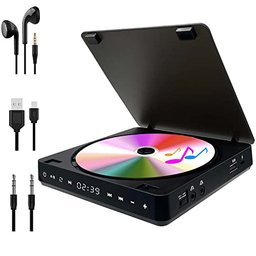 Portable CD Player with Headphone Rechargeable CD Player for Car with AUX Cable Support CD USB Dual Headphones Design Shockproof Protection Touch Buttons LED Display