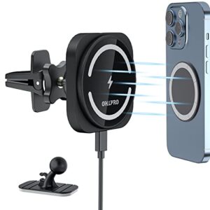 ohlpro magnetic wireless car charger mount, compatible with magsafe car charger 15w fast charging air vent mount clip or stick on dashboard,for iphone 14/13/12 series phone holder