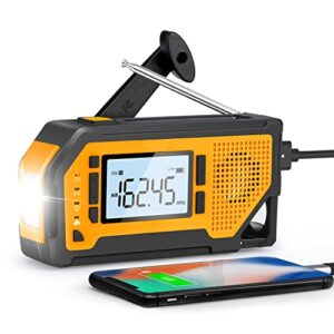 emergency weather alert radio with 2000mah emergency phone charge, solar hand crank radio with earphone jack, battery operated, sos alarm, led flashlight, portable survival radio for emergency