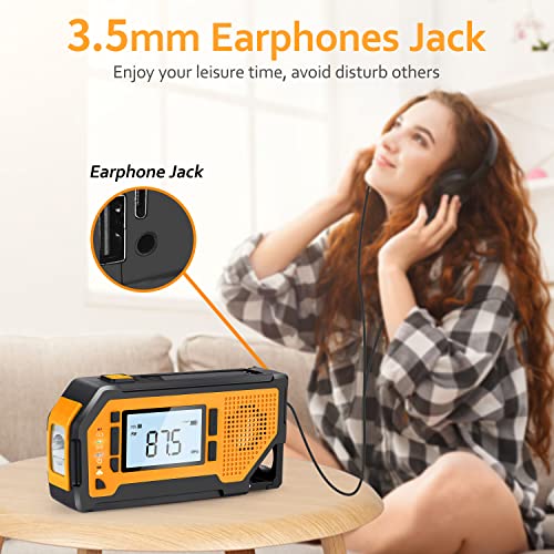 Emergency Weather Alert Radio with 2000mAh Emergency Phone Charge, Solar Hand Crank Radio with Earphone Jack, Battery Operated, SOS Alarm, LED Flashlight, Portable Survival Radio for Emergency