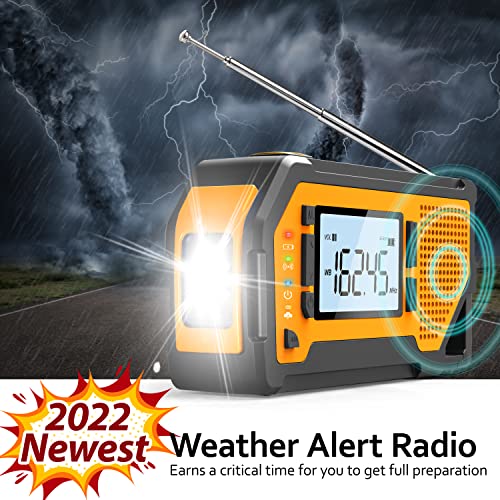 Emergency Weather Alert Radio with 2000mAh Emergency Phone Charge, Solar Hand Crank Radio with Earphone Jack, Battery Operated, SOS Alarm, LED Flashlight, Portable Survival Radio for Emergency