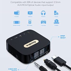 Bluetooth 5.0 Transmitter Receiver for TV 2-in-1 Wireless Bluetooth Adapter with Optical AUX RCA Connection, aptX Low Latency, Pair 2 Devices Simultaneously for PC/Car/Home Stereo/Speakers/Gym (black)