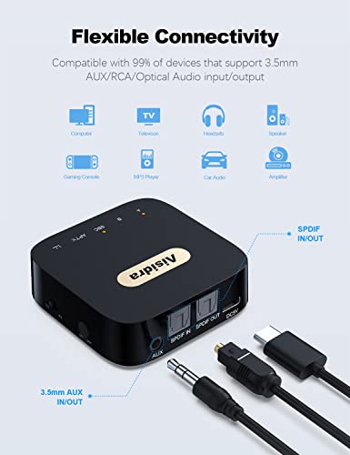 Bluetooth 5.0 Transmitter Receiver for TV 2-in-1 Wireless Bluetooth Adapter with Optical AUX RCA Connection, aptX Low Latency, Pair 2 Devices Simultaneously for PC/Car/Home Stereo/Speakers/Gym (black)