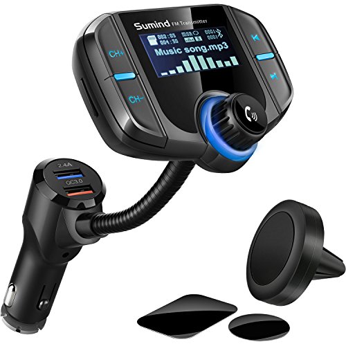 Car Adapter in-Car FM Transmitter, Wireless Radio Adapter 1.7 Inch Display, QC3.0/2.4A Dual USB Ports, AUX Output,Mp3 Player with Magnetic Mount and Plate