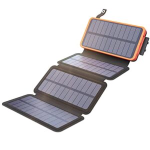 solar charger 26800mah power bank, feelle 3 outputs usb-c portable charger with 4 foldable solar panels external battery pack for cell phone iphone camping outdoor