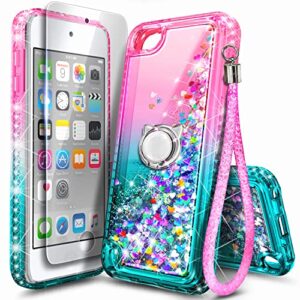 ngb ipod touch 7 case, ipod touch 6/5 case with hd screen protector and ring holder for girls women kids, glitter liquid soft tpu clear cute case for apple ipod touch 7th/6th/5th generation -pink/aqua