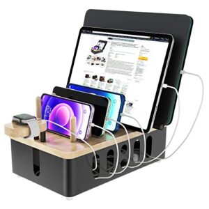 metal charging station for multiple devices,new upgrade wood charging station for phone tablet smart watch holder desk organizers，matte black dock device organizer