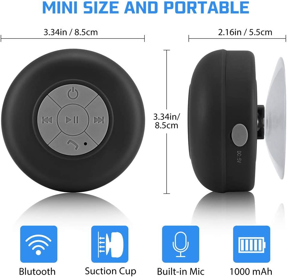 Bluetooth Shower Speaker Waterproof - Wireless Handsfree Portable Speakerphone with Built-in Mic,4hrs of Playtime, Control Buttons and Dedicated Suction Cup for Bathroom Bathtub