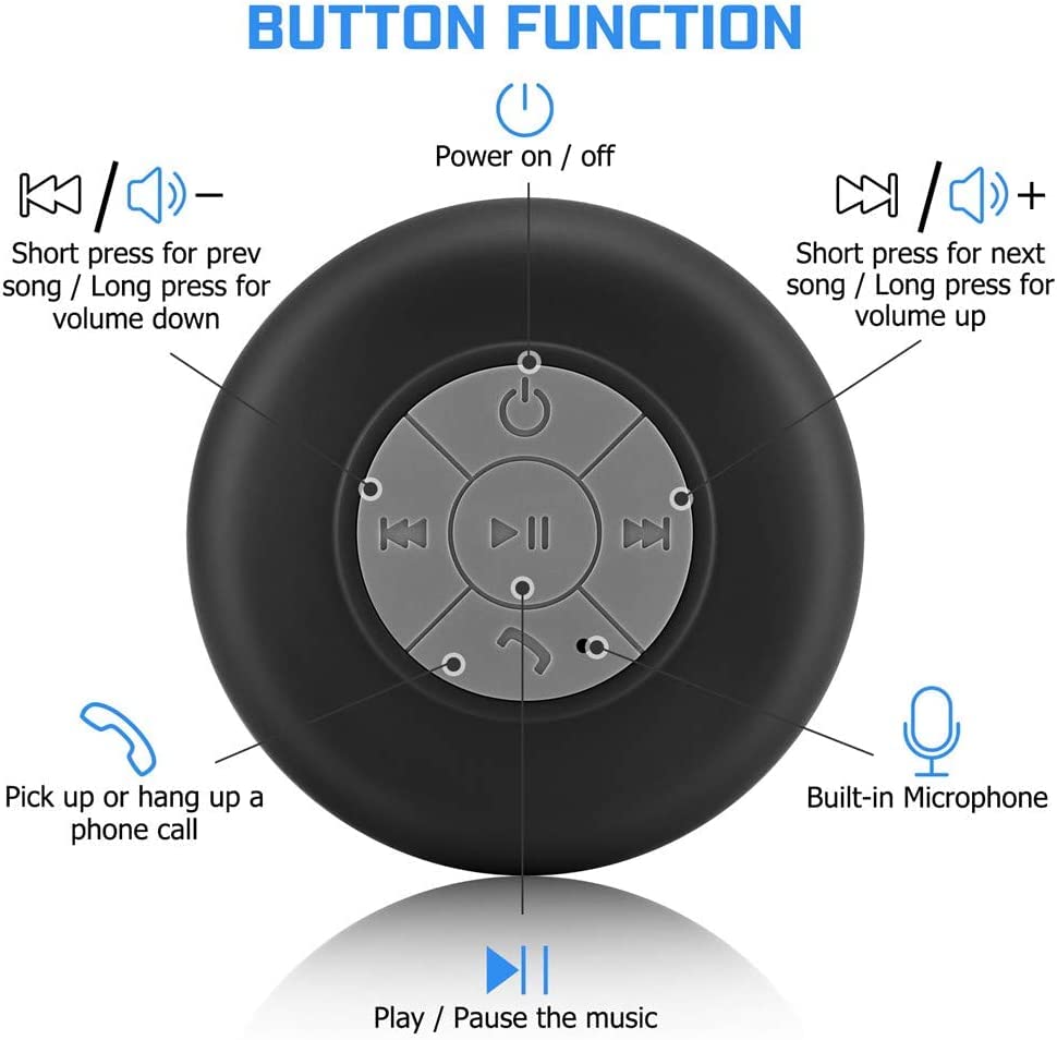 Bluetooth Shower Speaker Waterproof - Wireless Handsfree Portable Speakerphone with Built-in Mic,4hrs of Playtime, Control Buttons and Dedicated Suction Cup for Bathroom Bathtub