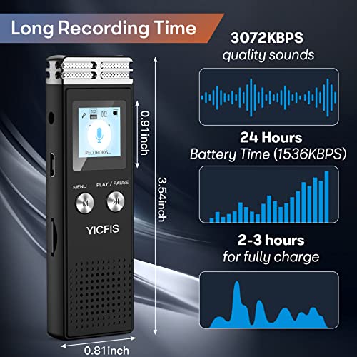 72GB Digital Voice Recorder 3072KBPS 5148 Hours Recording Capacity 24 Hours Battery Time Voice Activated Recorder with Noise Reduction Audio Recorder with Playback for Meeting Lecture Interview