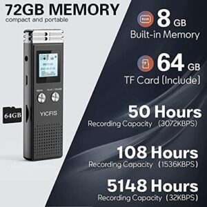 72GB Digital Voice Recorder 3072KBPS 5148 Hours Recording Capacity 24 Hours Battery Time Voice Activated Recorder with Noise Reduction Audio Recorder with Playback for Meeting Lecture Interview