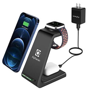 alpharan wireless charger,3 in 1 wireless charging station,fast charging stand dock for apple watch series,airpods,iphone 14 13 12 11 pro max x xr xs 8 plus with qc 3.0 adapter by alpharan (black)