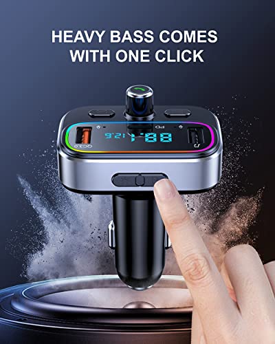 Bluetooth FM Transmitter for Car Wireless Radio Adapter Kit, Hands-Free Calling Dual Microphone, Car USB Charger QC 3.0 & PD 20 W for All Smartphones Audio Players, Supports TF/SD Card and USB Disk