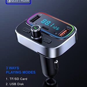 Bluetooth FM Transmitter for Car Wireless Radio Adapter Kit, Hands-Free Calling Dual Microphone, Car USB Charger QC 3.0 & PD 20 W for All Smartphones Audio Players, Supports TF/SD Card and USB Disk