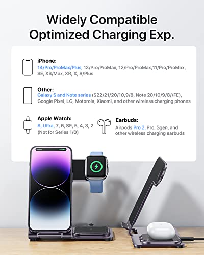 Intoval Charging Station for Apple iPhone/Watch/Airpods, 3 in 1 Wireless Charger for iPhone 14/13/12/11/XS/XR/XS/X/8, iWatch 8/Ultra/7/6/SE/5/4/3/2, Airpods Pro2/Pro1/3/2/1 (Y9,Purple)