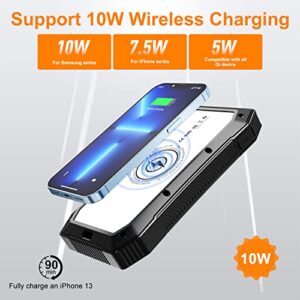 ABFOCE Solar Power Bank 36800mAh 12V1.5A 18W PD QC 3.0 USB C Fast Charging 10W Wireless Portable Charger with 4 Outputs and 44 LED Lights, IP65 Waterproof Battery Pack Compatible with iPhone, Android