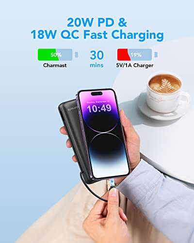 Charmast Portable Charger with Built-in Cables and AC Wall Plug 20000mAh, 20W PD 18W QC 3.0 Fast Charging Power Bank Battery Pack Compatible with iPhone 14/13, Samsung Galaxy, iPad, and More