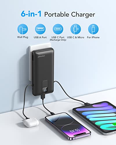 Charmast Portable Charger with Built-in Cables and AC Wall Plug 20000mAh, 20W PD 18W QC 3.0 Fast Charging Power Bank Battery Pack Compatible with iPhone 14/13, Samsung Galaxy, iPad, and More