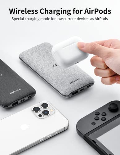 MOMAX Wireless Portable Charger, 10000mAh MFi Power Bank Lightning Input 20W PD QC 3.0 USB C External Battery Pack 2 Input & 3 Output Phone Charger for iPhone, Airpods, Samsung, Android (Dark Grey)