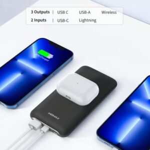 MOMAX Wireless Portable Charger, 10000mAh MFi Power Bank Lightning Input 20W PD QC 3.0 USB C External Battery Pack 2 Input & 3 Output Phone Charger for iPhone, Airpods, Samsung, Android (Dark Grey)