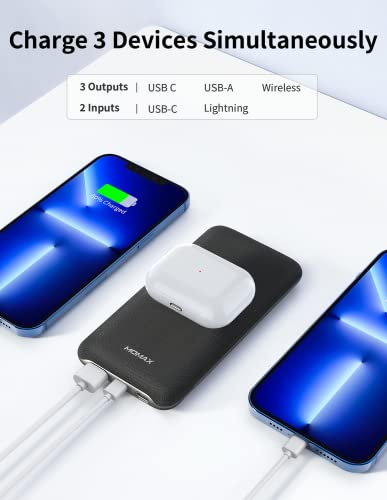 MOMAX Wireless Portable Charger, 10000mAh MFi Power Bank Lightning Input 20W PD QC 3.0 USB C External Battery Pack 2 Input & 3 Output Phone Charger for iPhone, Airpods, Samsung, Android (Dark Grey)